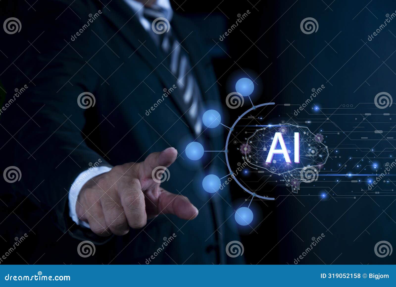 Businessman Hand Pointing at Digital Brain Artificial Intelligence AI ...