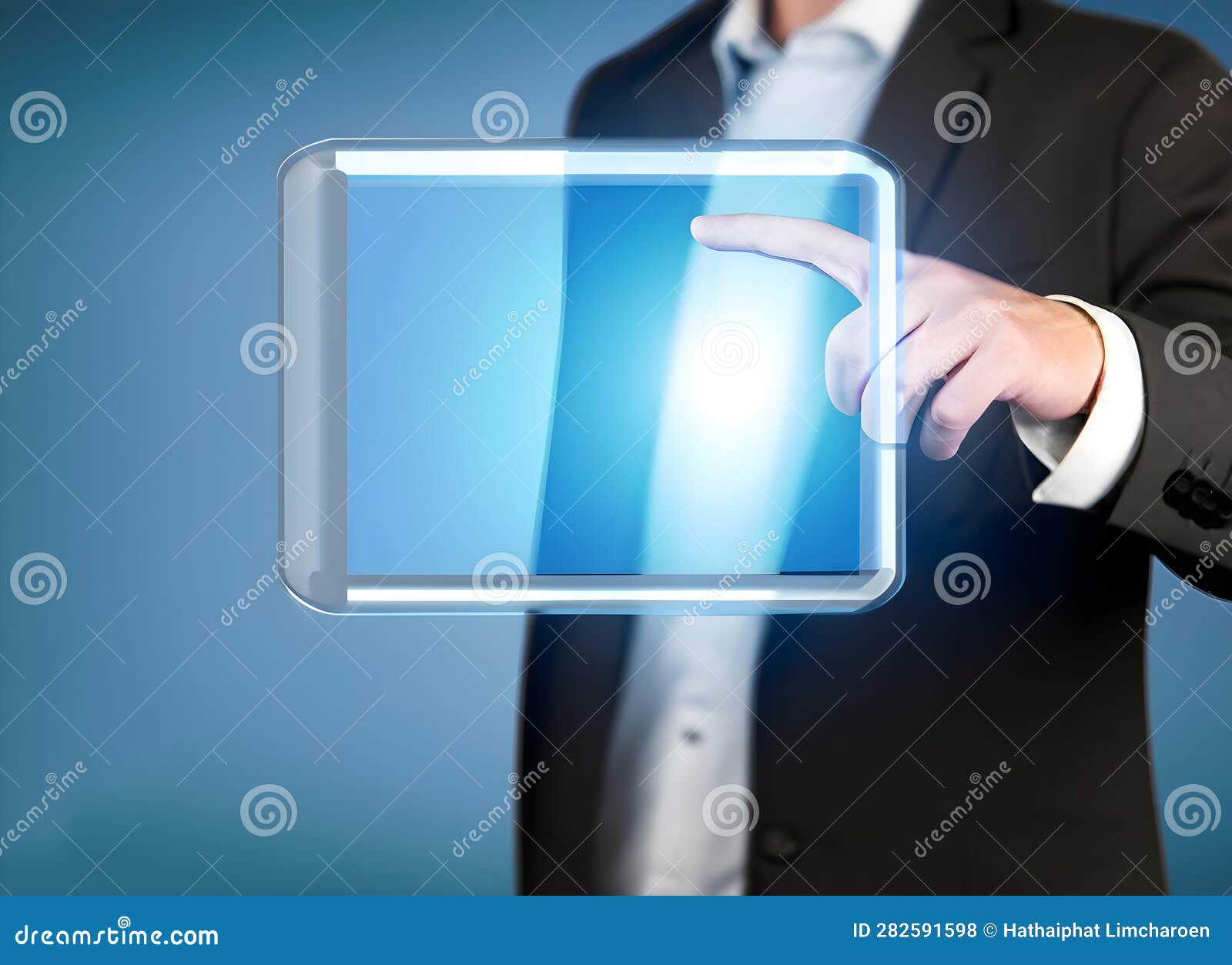Businessman Hand Pushing Button on a Touch Screen Interface with Blue ...