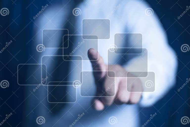 Businessman Hand Pushing Button on a Touch Screen Interface. Technology Process System Business ...