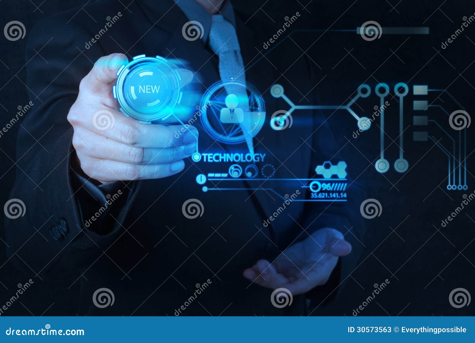 Businessman Hand Pushing New Technology Button on Modern Comput Stock ...