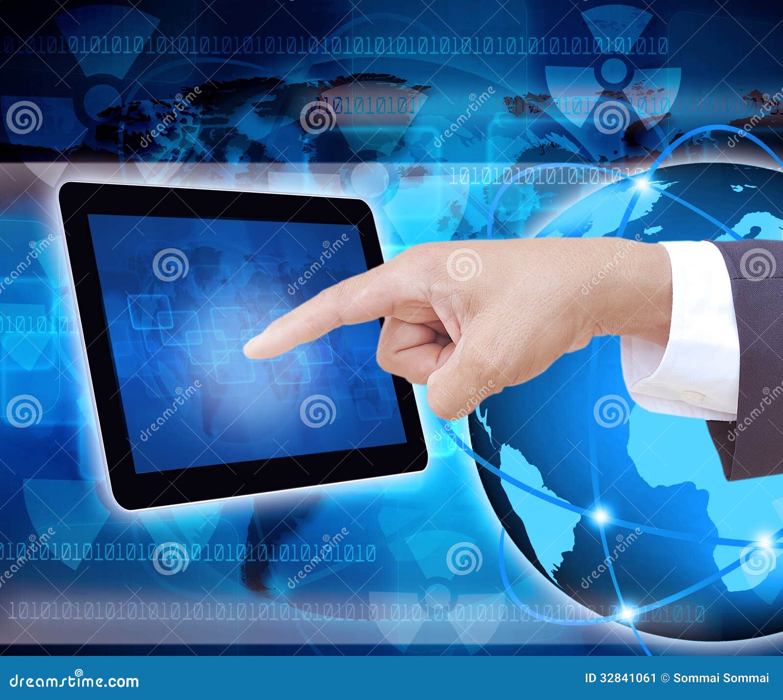 Businessman Hand Pushing Tablet Computer Stock Image - Image of ...