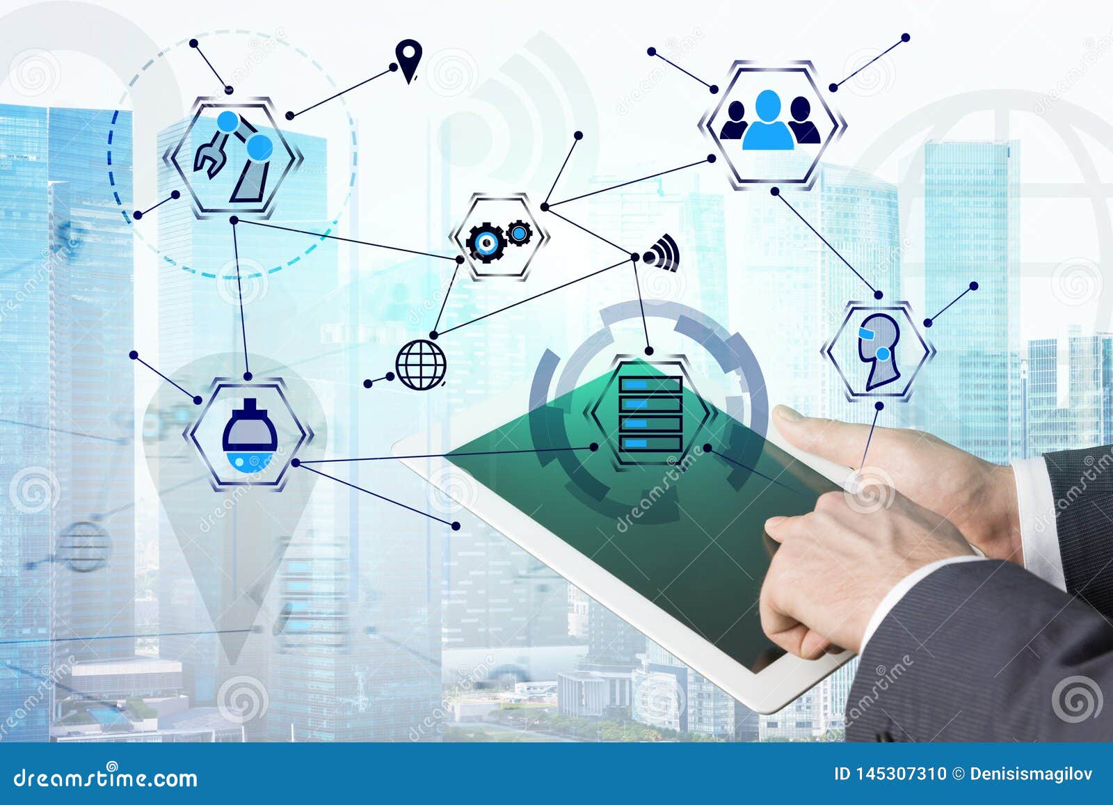 Businessman Hand on Tablet, GUI in City Stock Photo - Image of ...