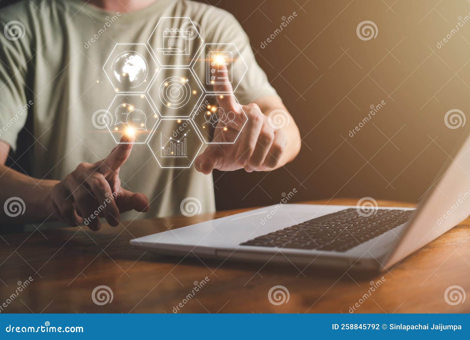 Businessman Hand Touch for Information with Hologram Via Cloud ...