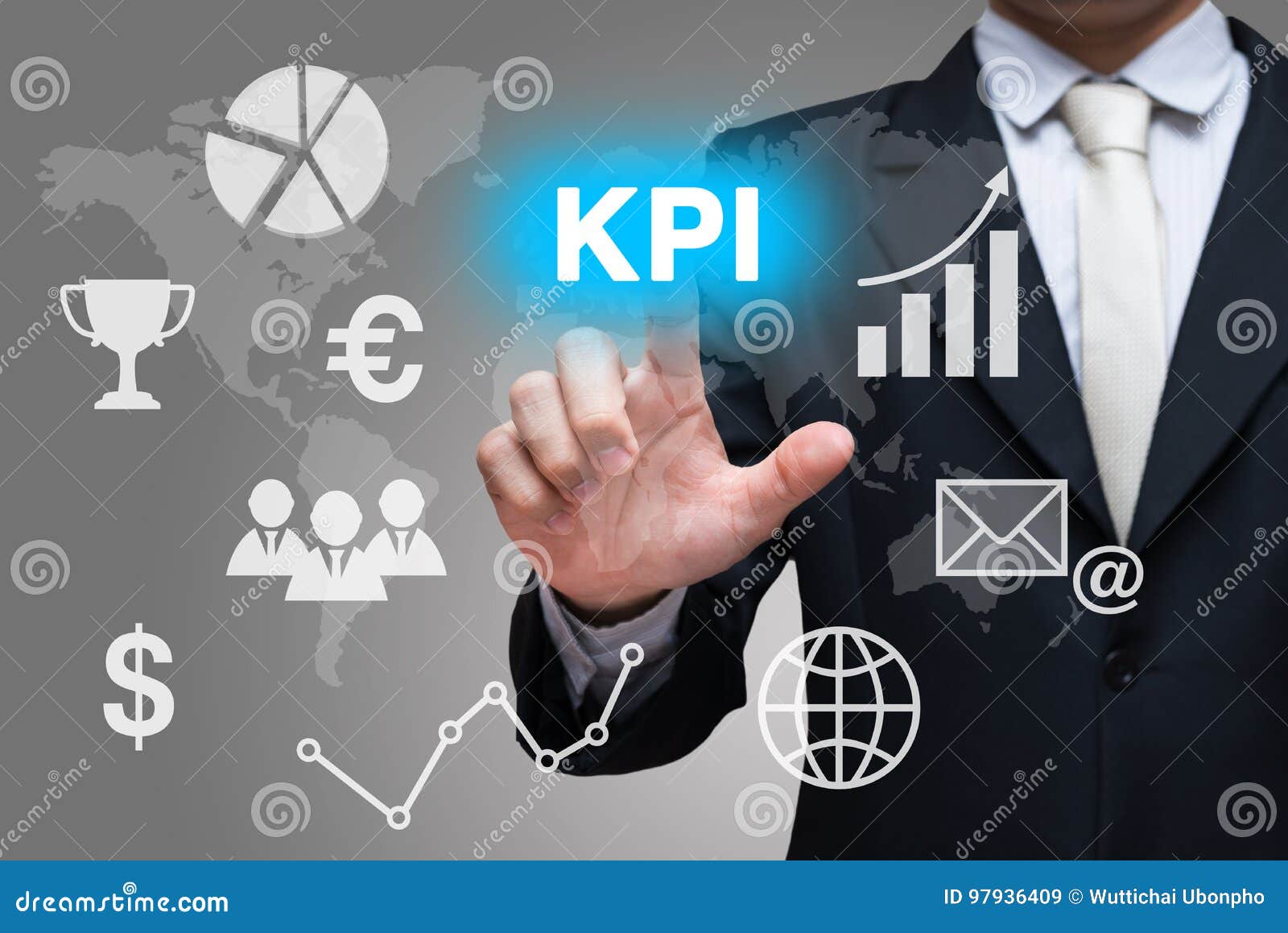 Businessman Hand Touch KPI Symbols On Gray Background Royalty-Free ...