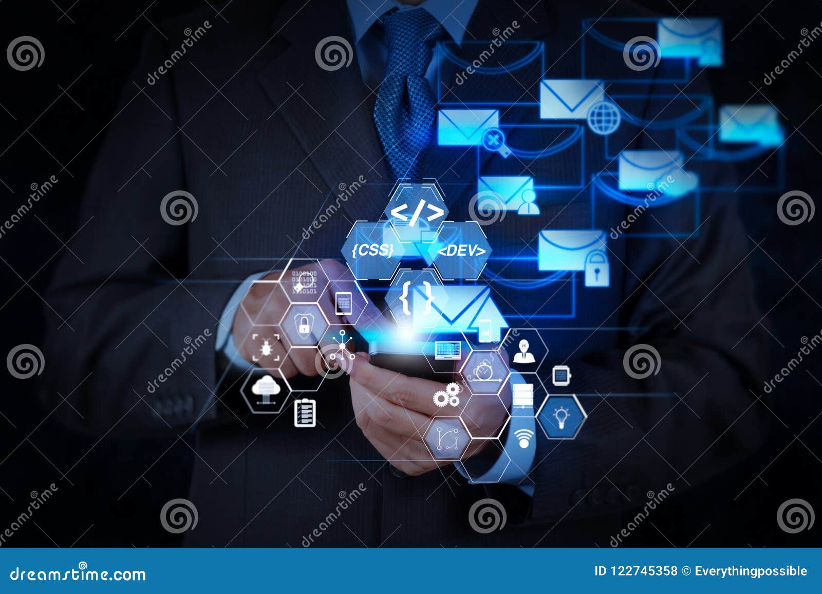 Businessman Hand Use Smart Phone Computer With Email Icon Stock Photo ...