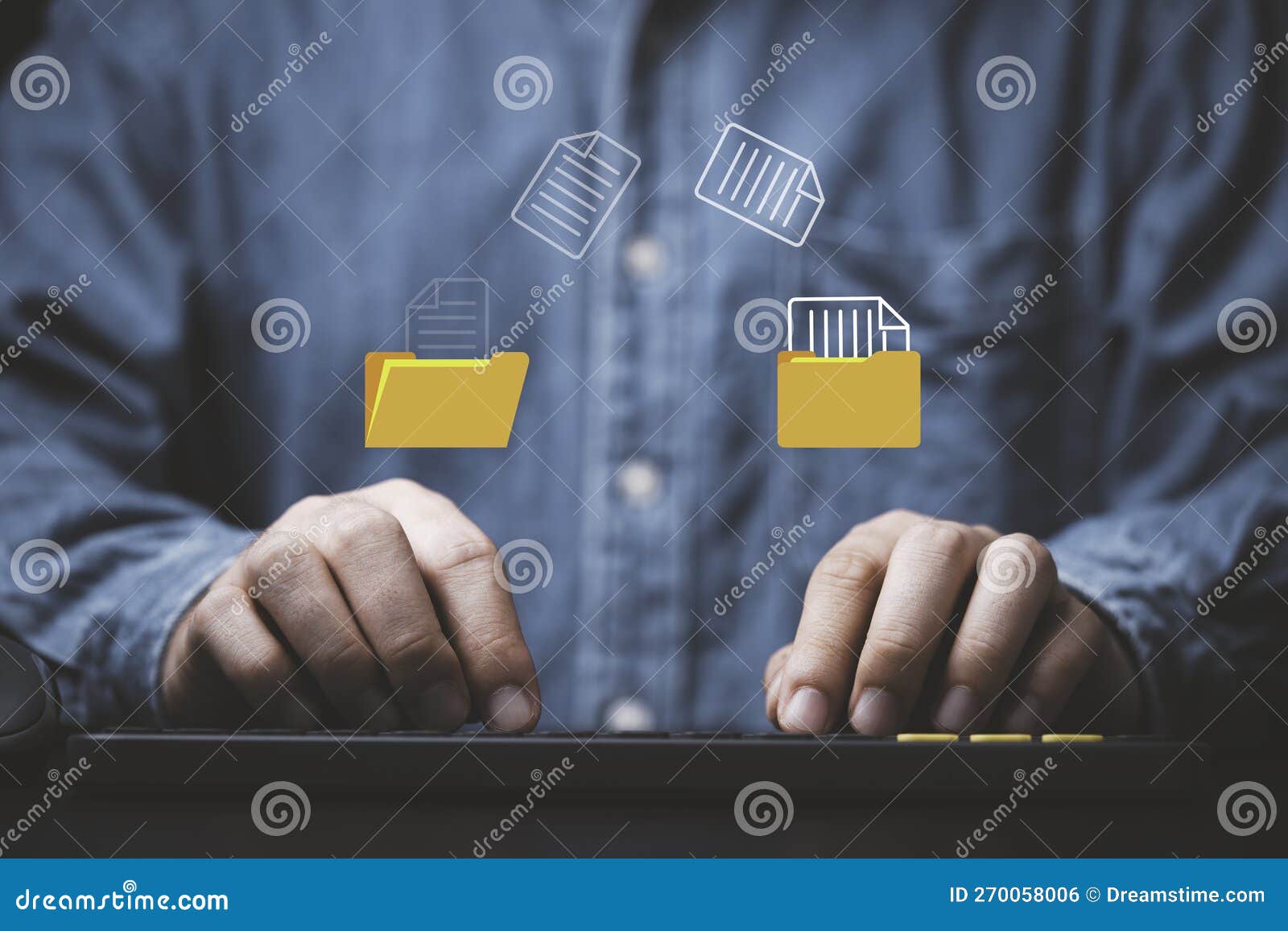 Businessman Hand Using Laptop Computer with Data Folder File Icon for ...
