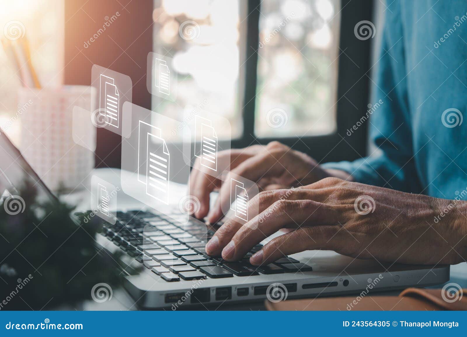 Businessman Hand Using Laptop Computer with Document Management Icon ...