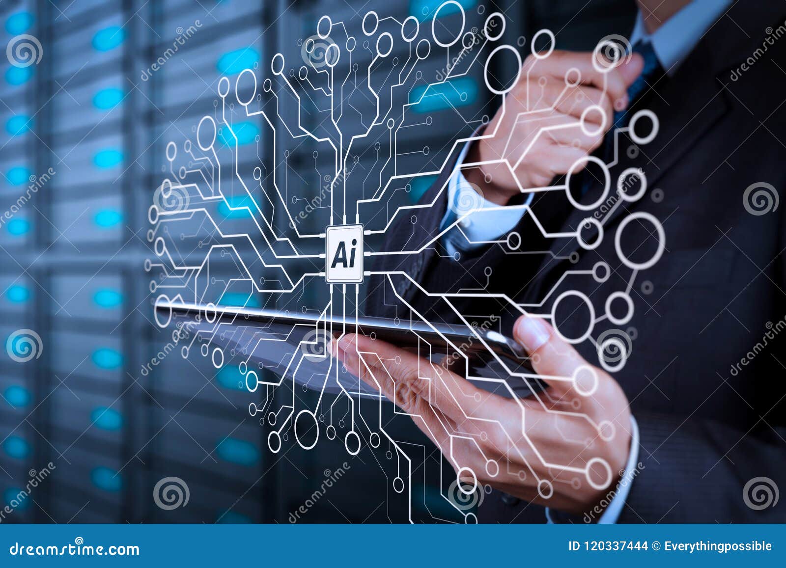 Businessman Hand Using Tablet Computer and Server Room Stock ...