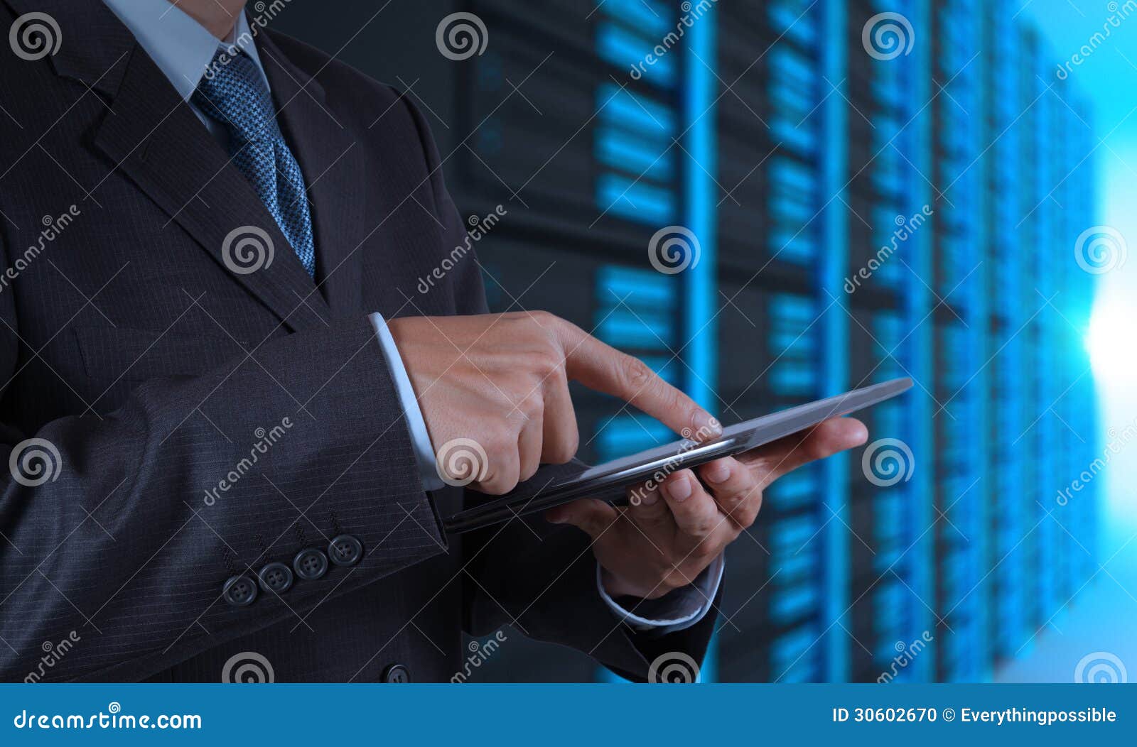Businessman Hand Using Tablet Computer and Server Room Stock Photo ...