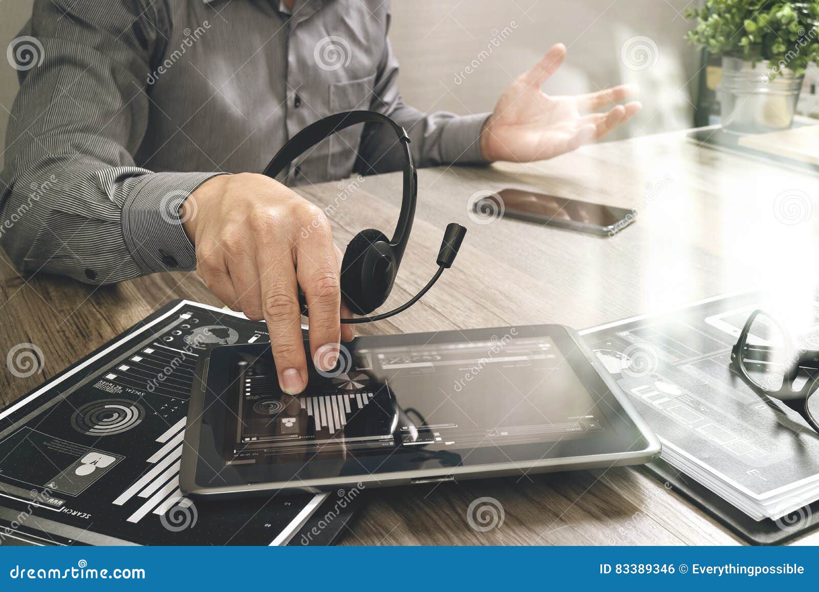 Businessman Hand Using VOIP Headset with Digital Tablet Computer Stock ...
