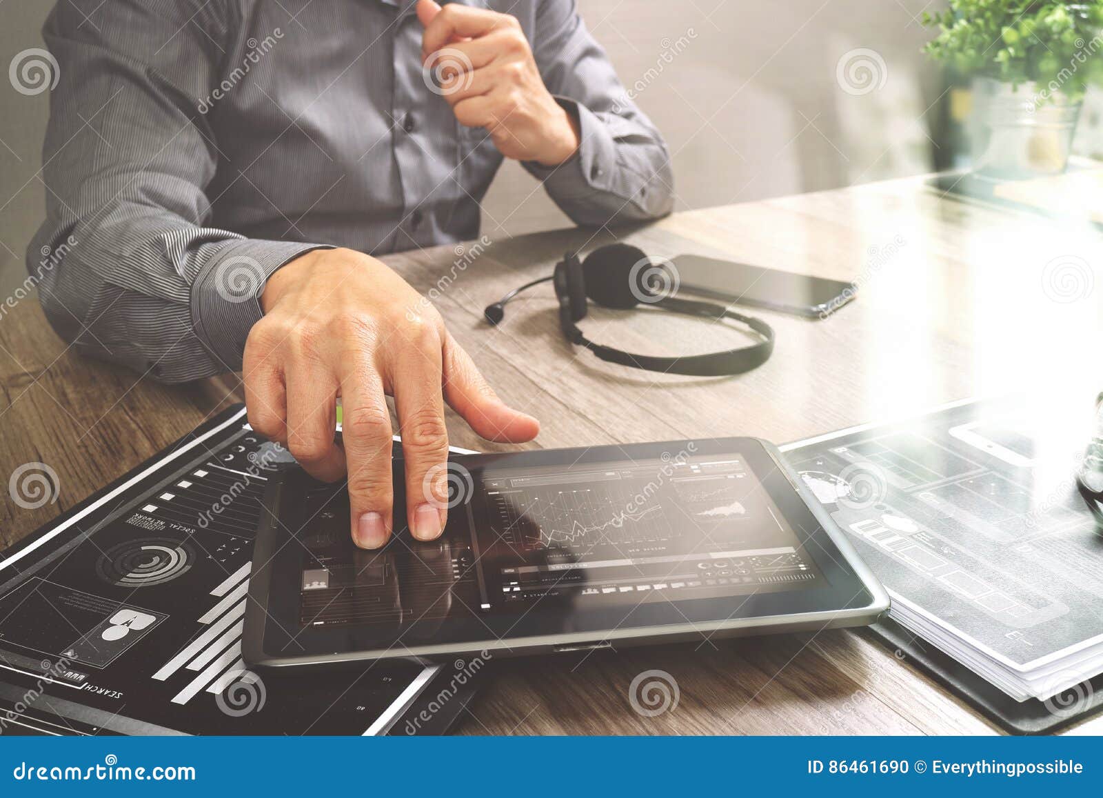 Businessman Hand Using VOIP Headset with Digital Tablet Computer Stock ...