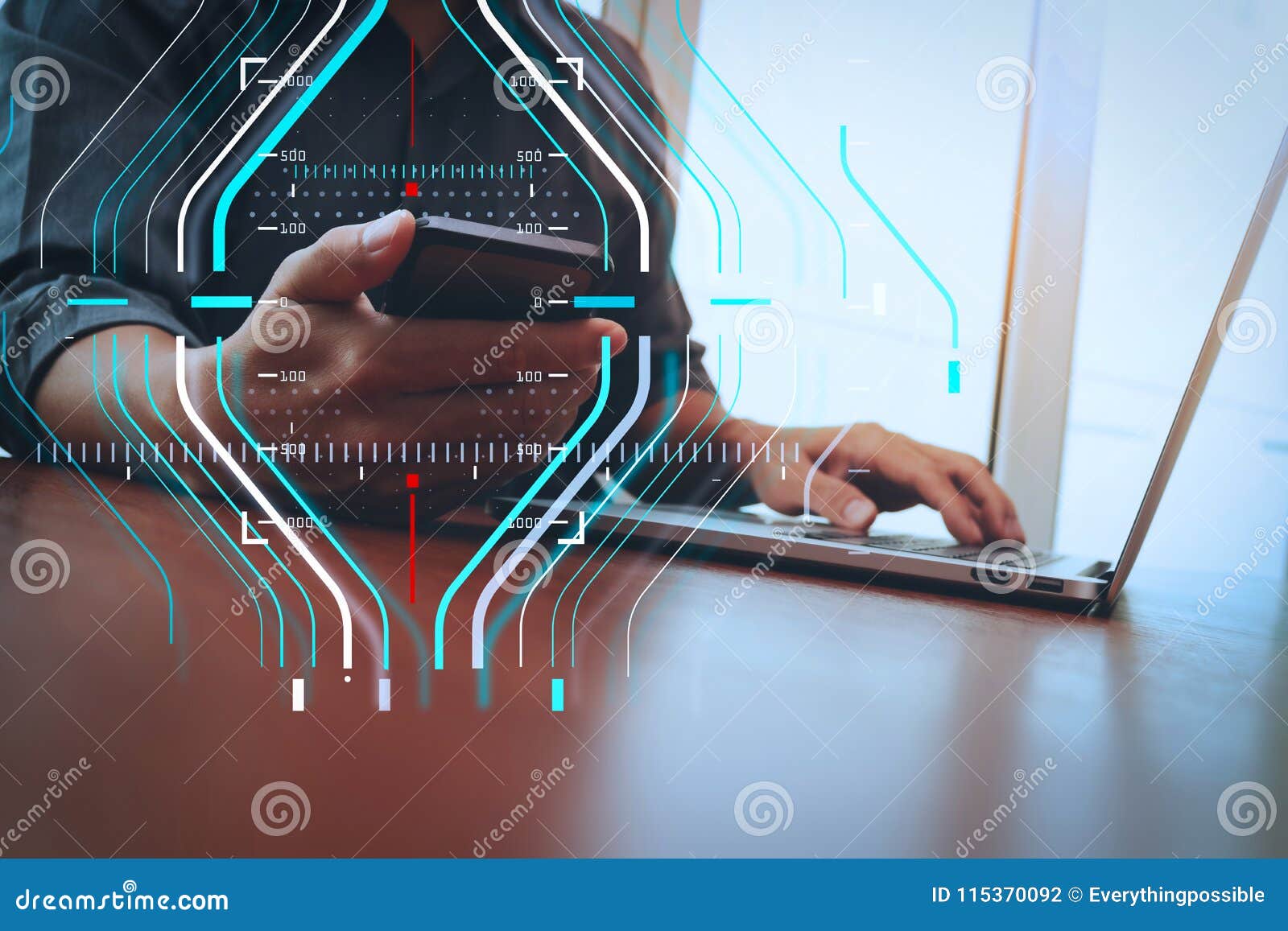 Businessman Hand Working with Smart Phone and New Modern Compute Stock ...