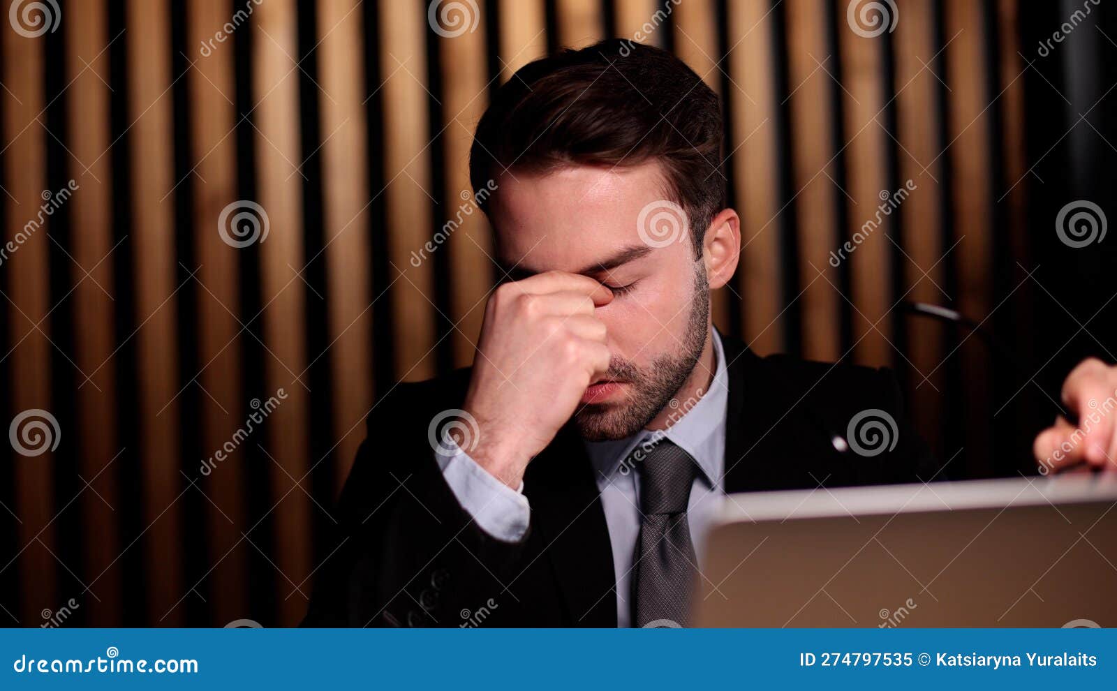 Tired Man Behind a Computer Screen from Boring Routine Work in the ...