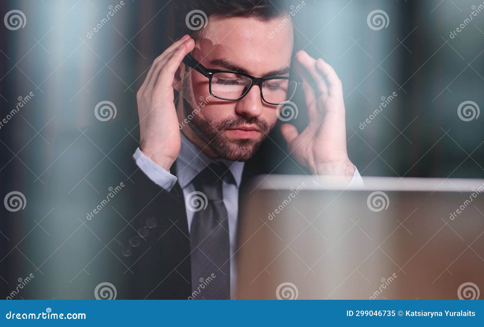 Tired Man Behind a Computer Screen from Boring Routine Work in the ...