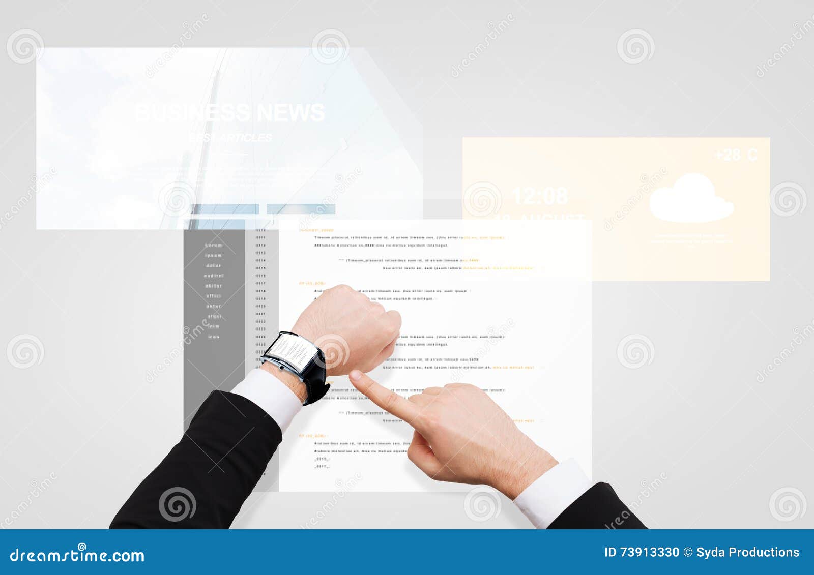 Businessman Hands with Coding on Smart Watch Stock Illustration ...