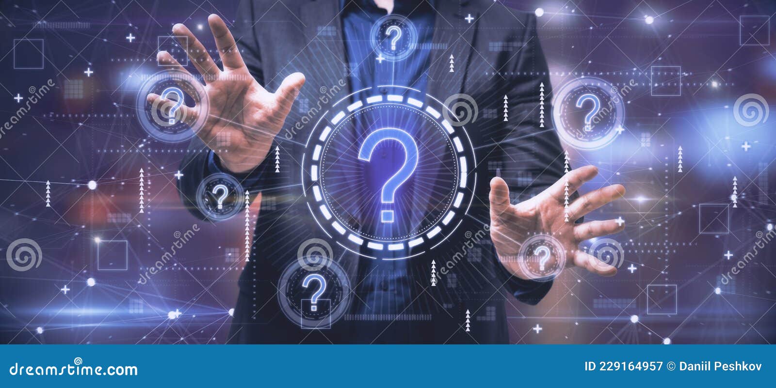 Businessman Hands Holding Creative Glowing Question Marks Interface on ...