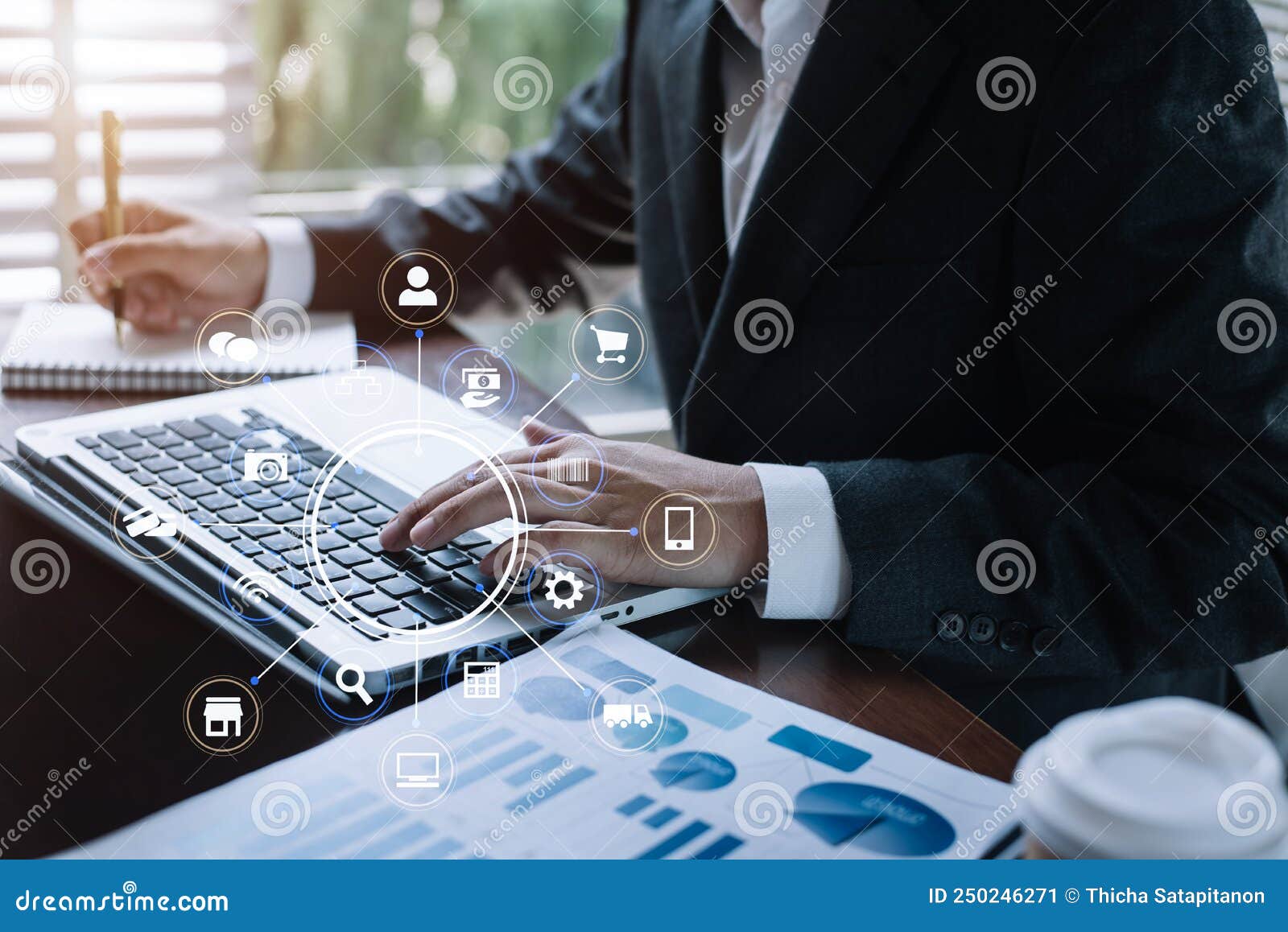 Businessman Hands Typing on Digital Laptop Computer Keyboard and Take ...