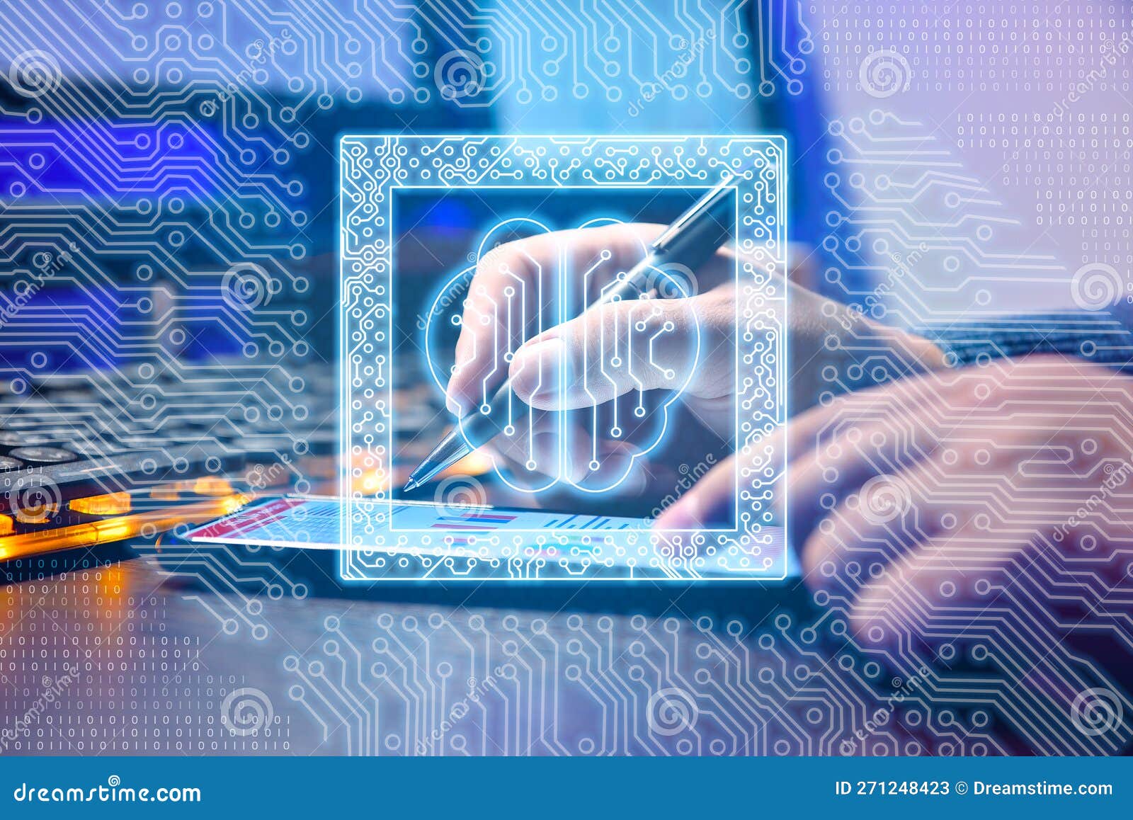 Businessman Hands Using Laptop with Circuit Board and Human Brain Stock ...