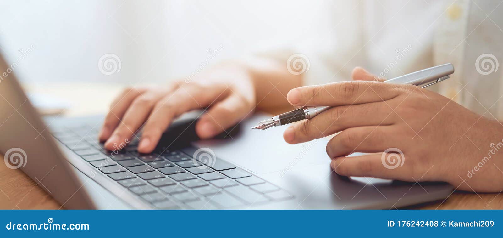 Businessman Hands Using Laptop Computer with Holding Pen and Learning ...