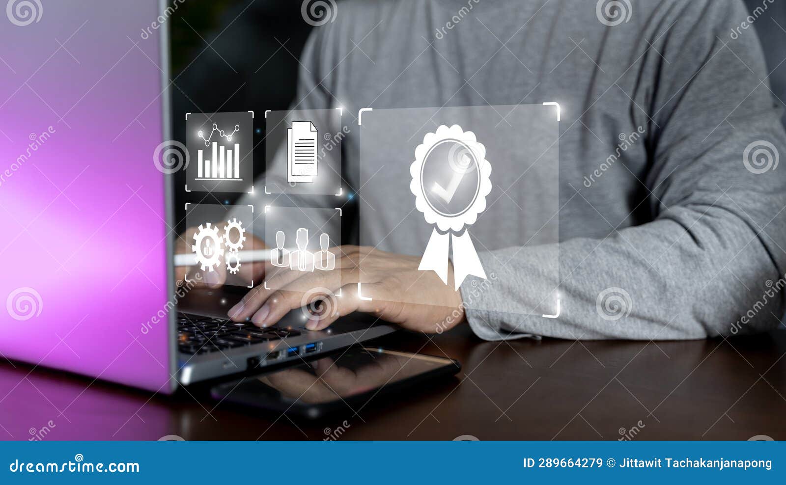 Businessman Hands are Using Laptop at Document and Correct Mark for ...