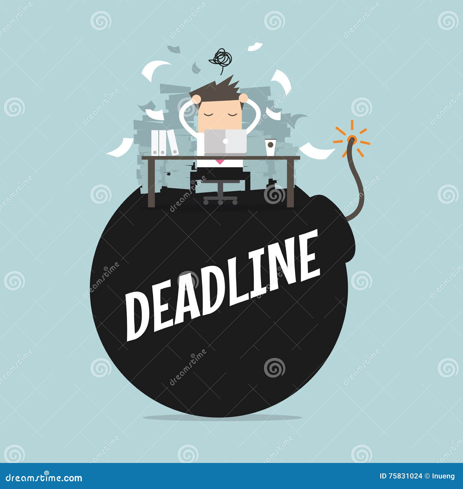 Businessman in Hard Work and Sitting on Deadline Bomb. a Lot of Work ...
