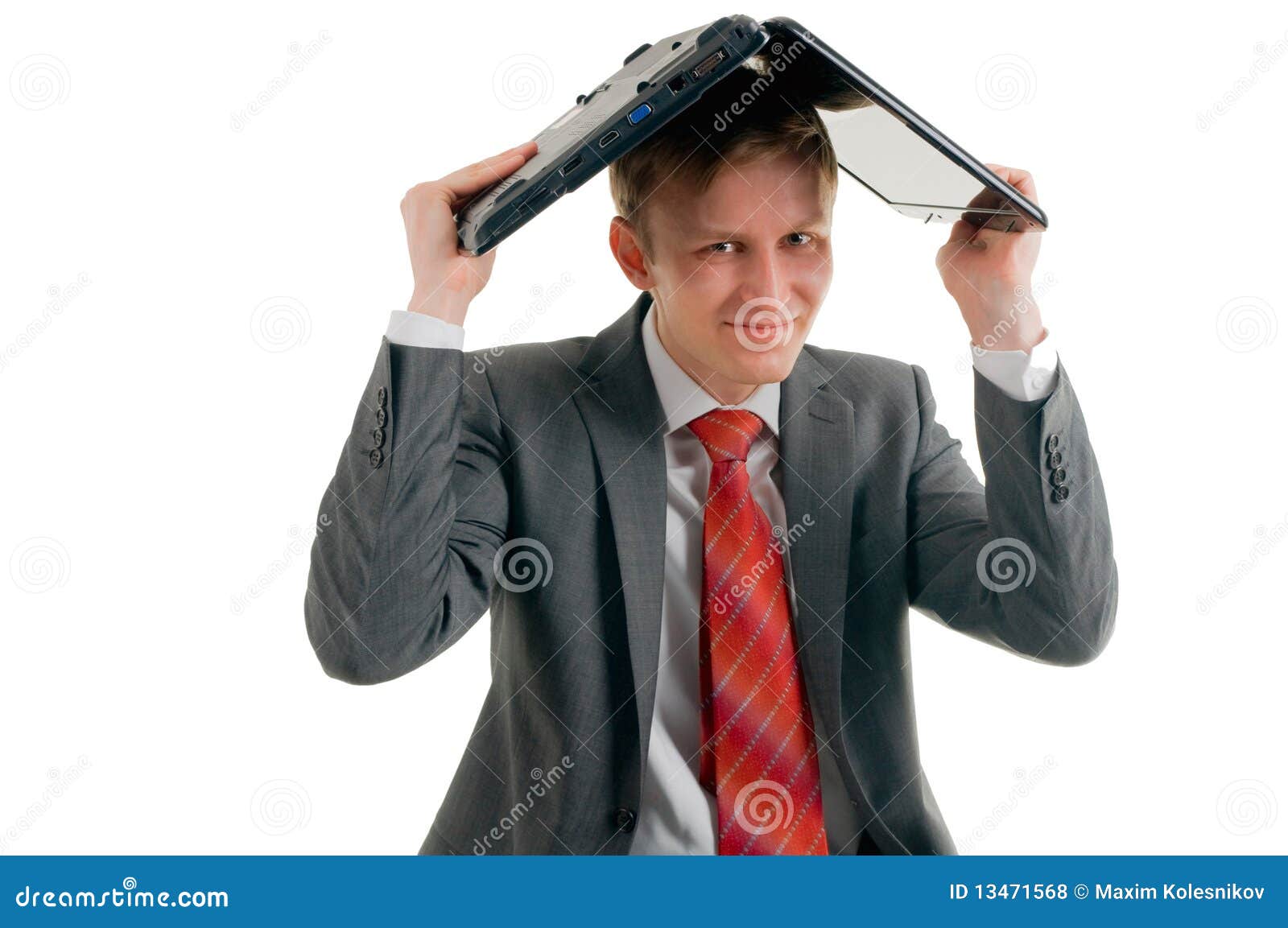 The Businessman Has Dressed the Laptop on a Head Stock Photo - Image of ...