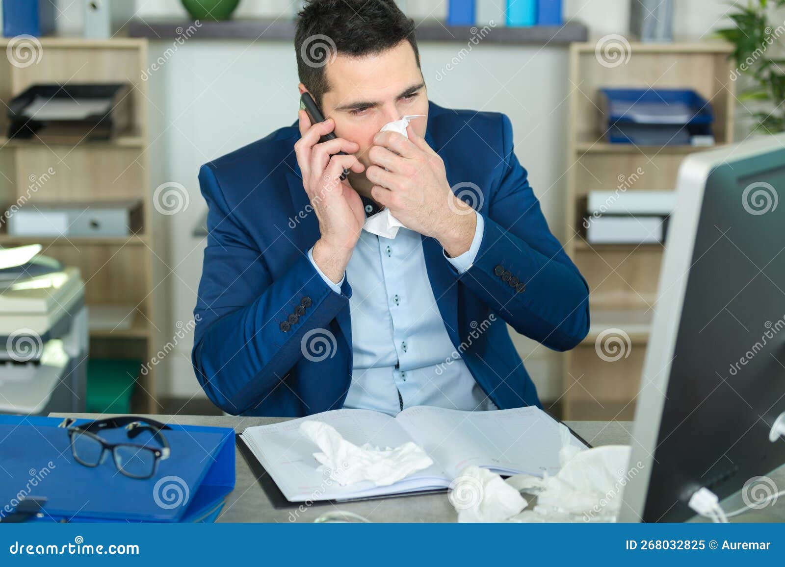 Businessman Having Cold in Head and Sitting at Workplace Stock Image ...