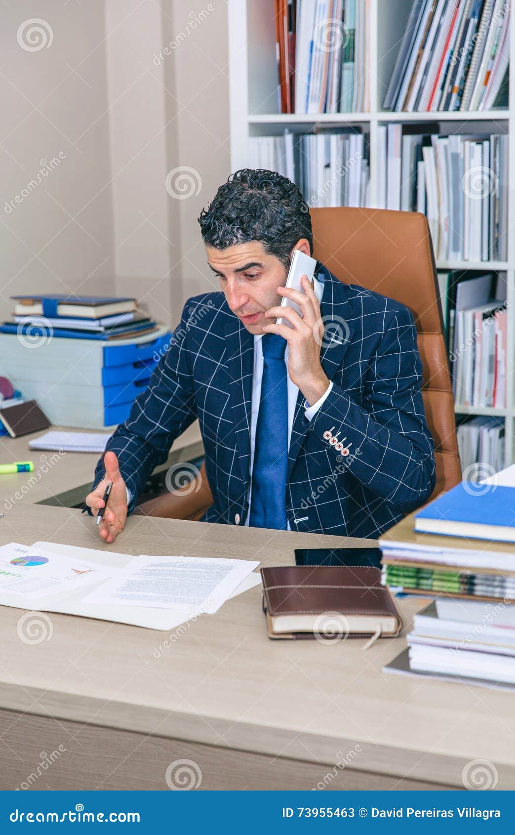 Businessman Having Discussion by Phone in Office Stock Image - Image of ...
