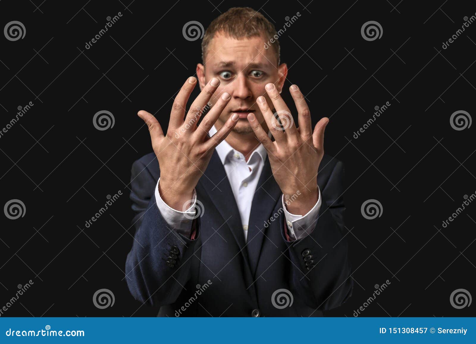 Businessman Having Panic Attack on Dark Background Stock Image - Image ...