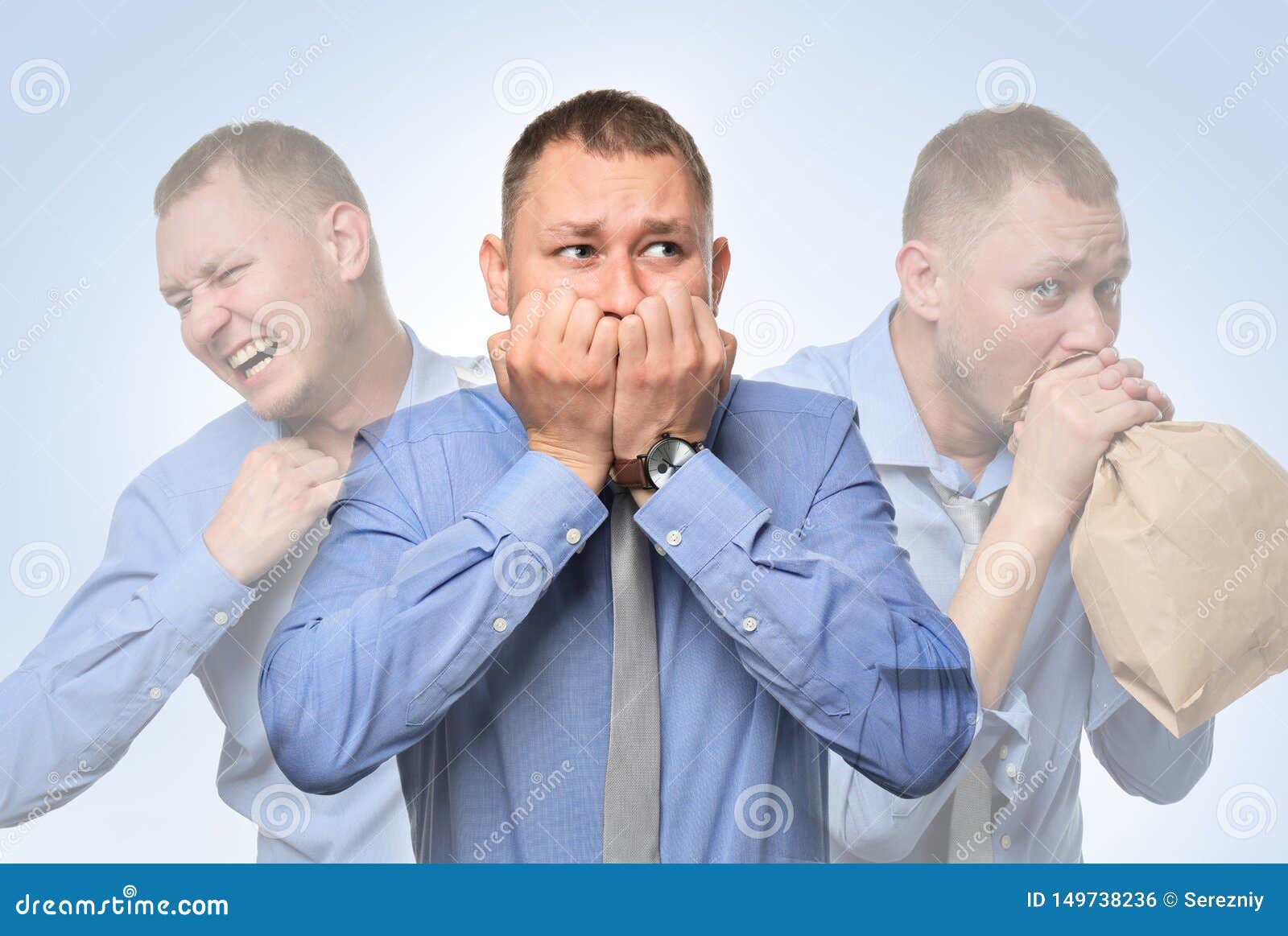 Businessman Having Panic Attack on White Background Stock Photo - Image ...