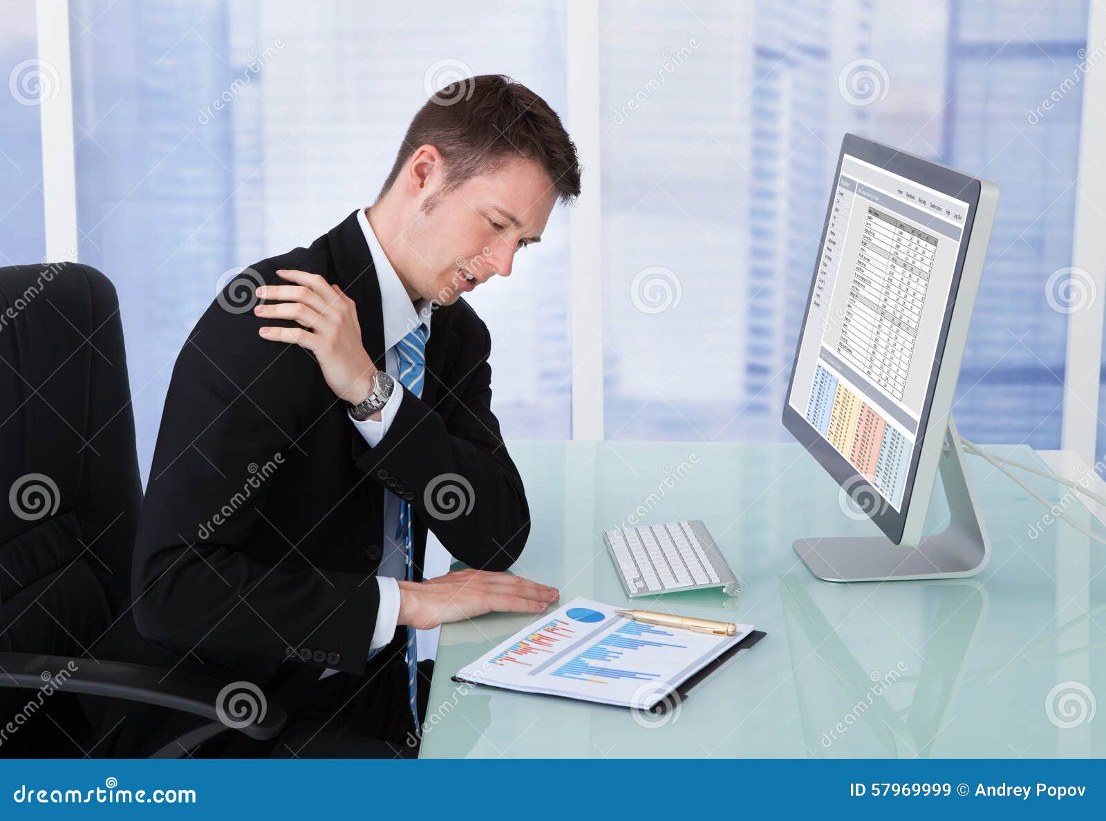 Businessman Having Shoulder Pain at Computer Desk Stock Image - Image ...