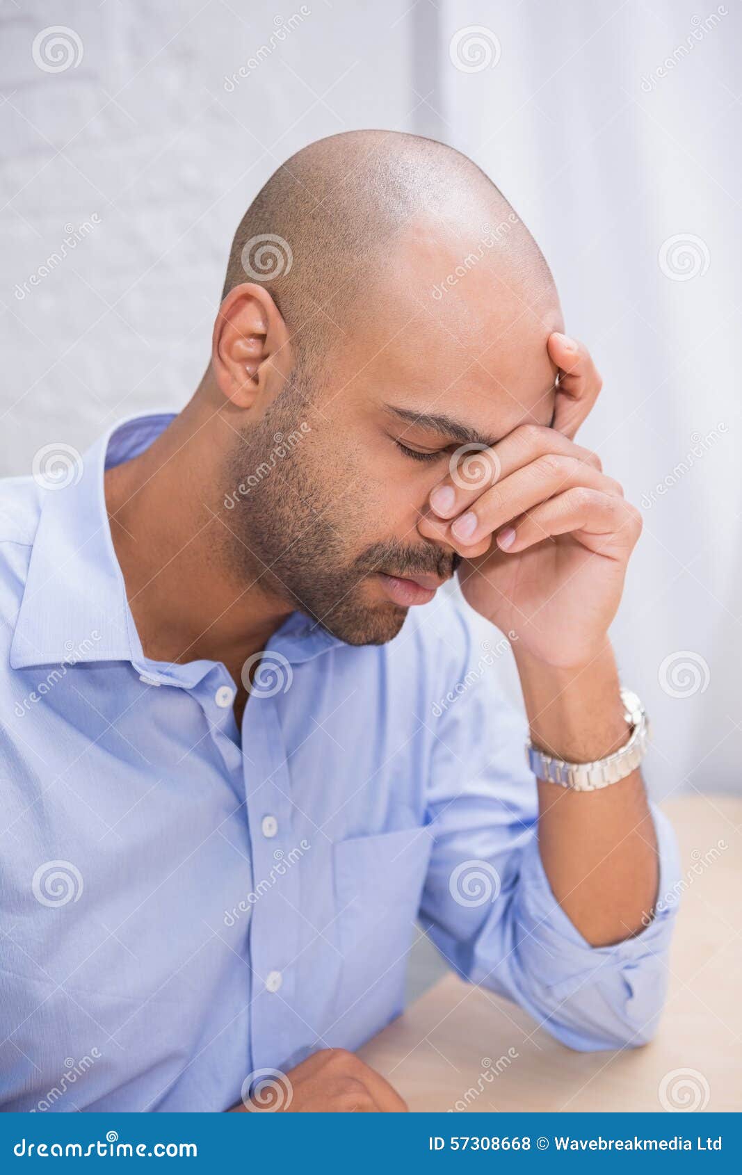 Businessman with Head in Hand at Desk Stock Photo - Image of shirt ...