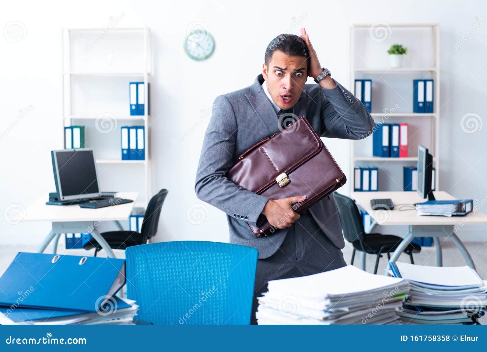 Businessman with Heavy Paperwork Workload Stock Photo - Image of escape ...