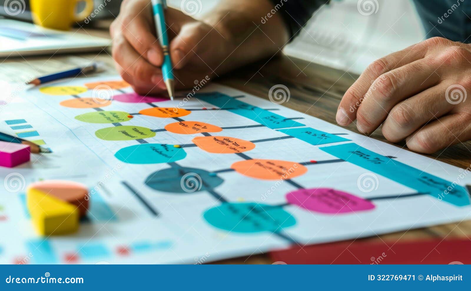 Businessman At His Desk Analyzing A Flowchart With Sticky Notes And A ...