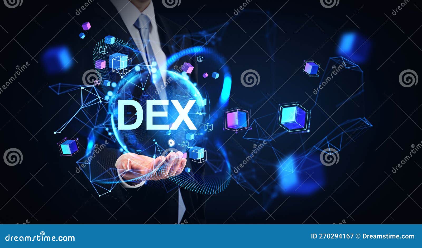 Businessman Hold DEX and Earth Globe Hologram with Blockchain Stock ...