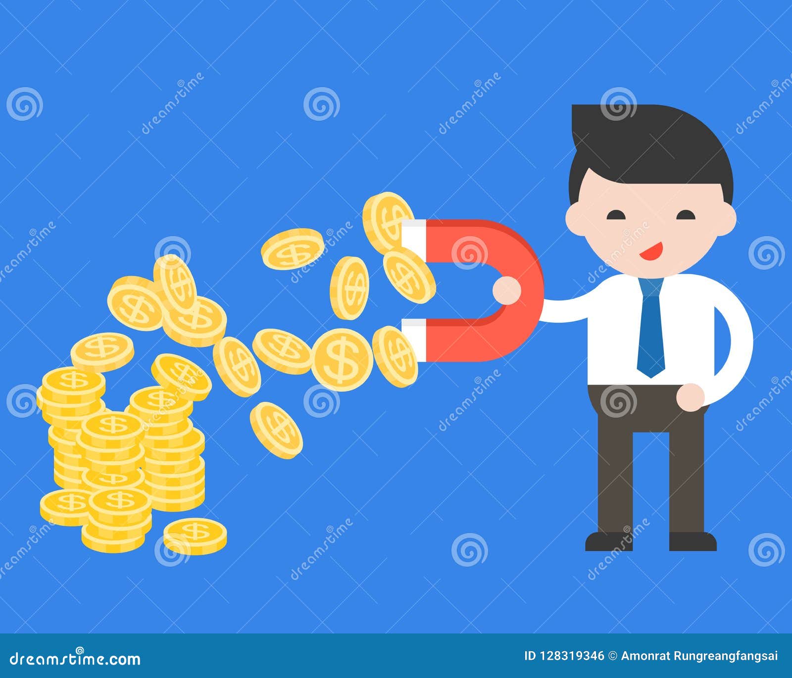 Businessman Hold Magnet To Pull a Coin from Stack of Coins, Weal Stock ...