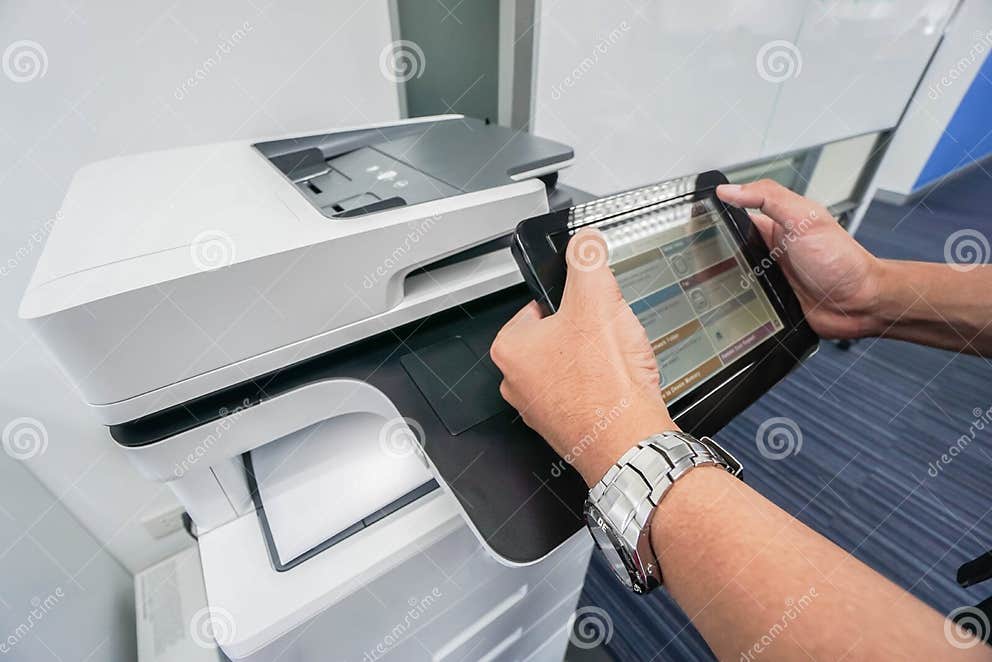 Businessman Hold Touch Screen for Printing Document from Office from ...