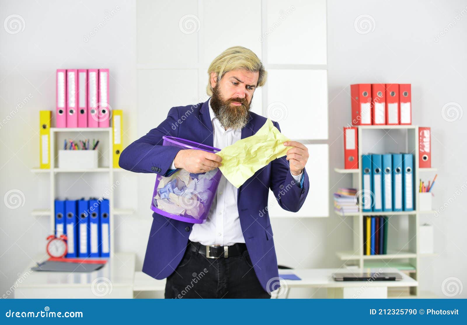Businessman Hold Trash Can. Man Look for Lost Document. Digging in the ...