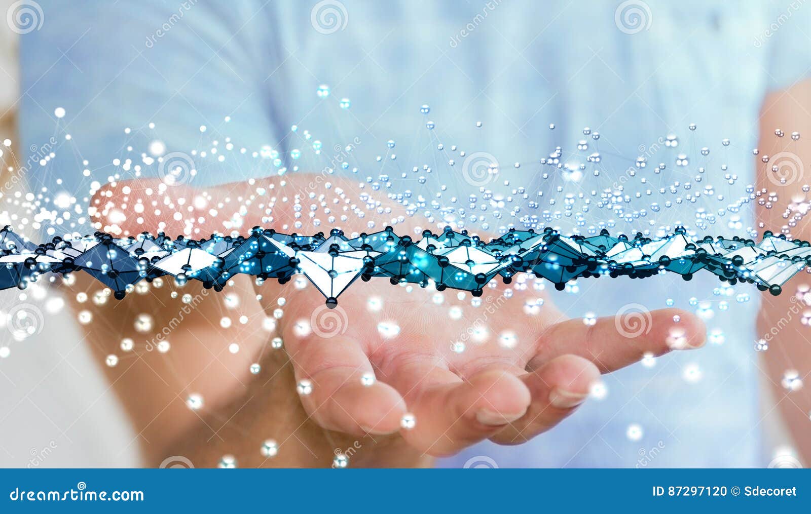 Businessman Holding Abstract Wave Connection with Dots and Lines Stock ...