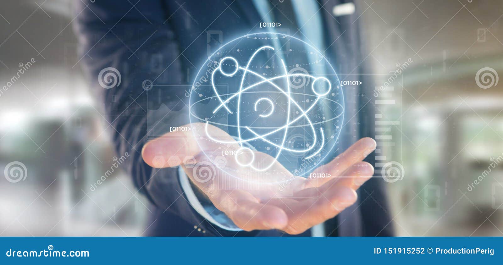 Businessman Holding an Atom Icon Surrounded by Data Stock Photo - Image ...