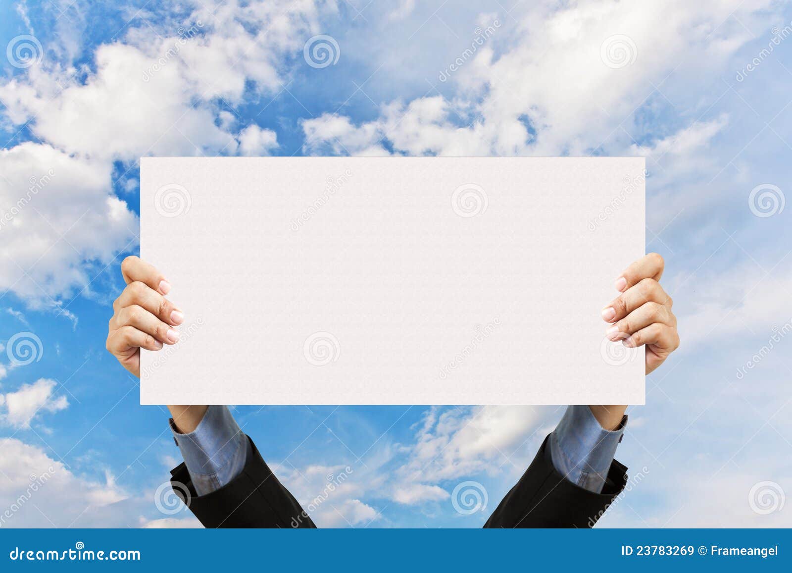 Businessman Holding Blank Sign and Hand in Sky Stock Image - Image of ...
