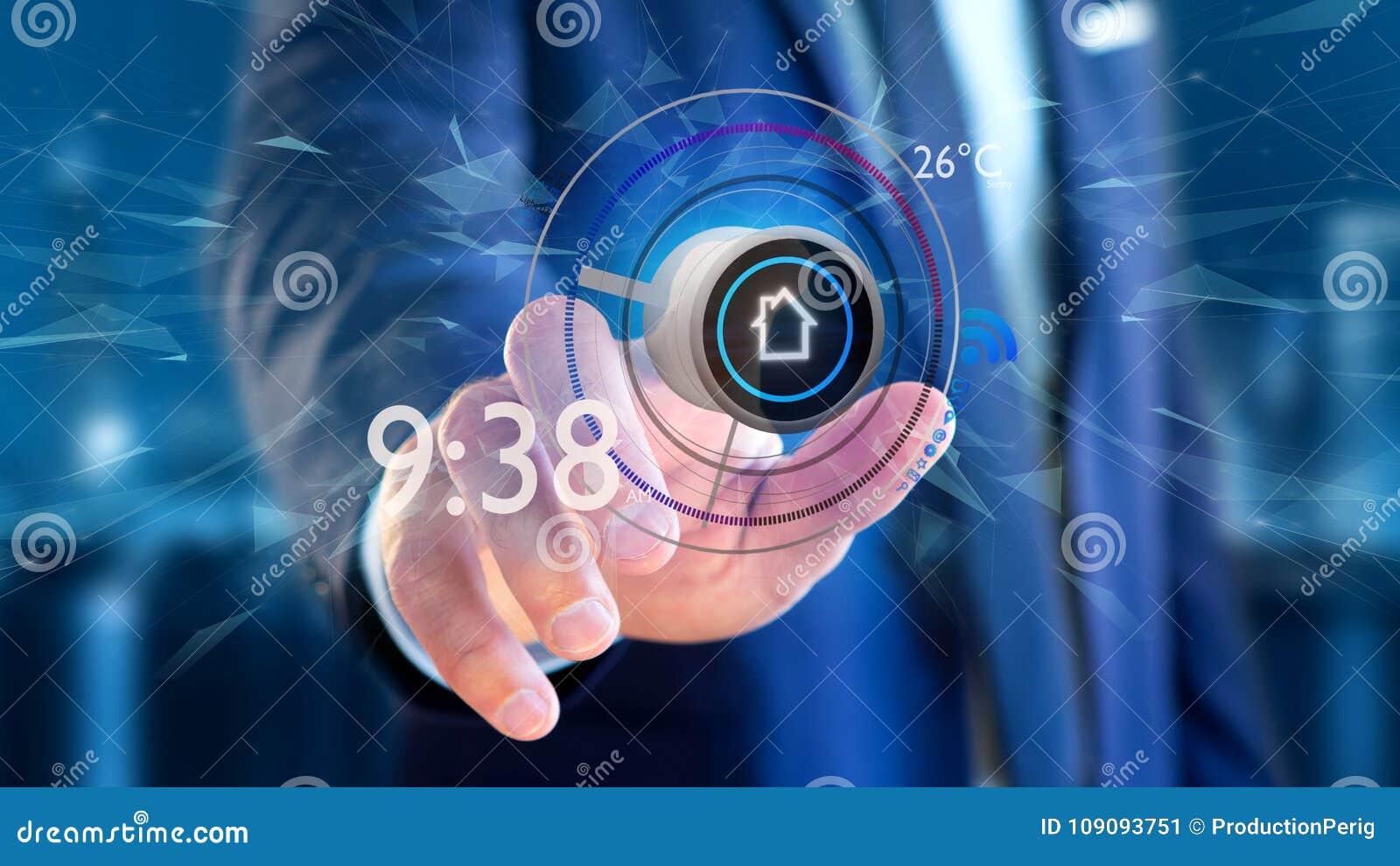 Businessman Holding a Button of a Smart Home Automation App - 3d ...