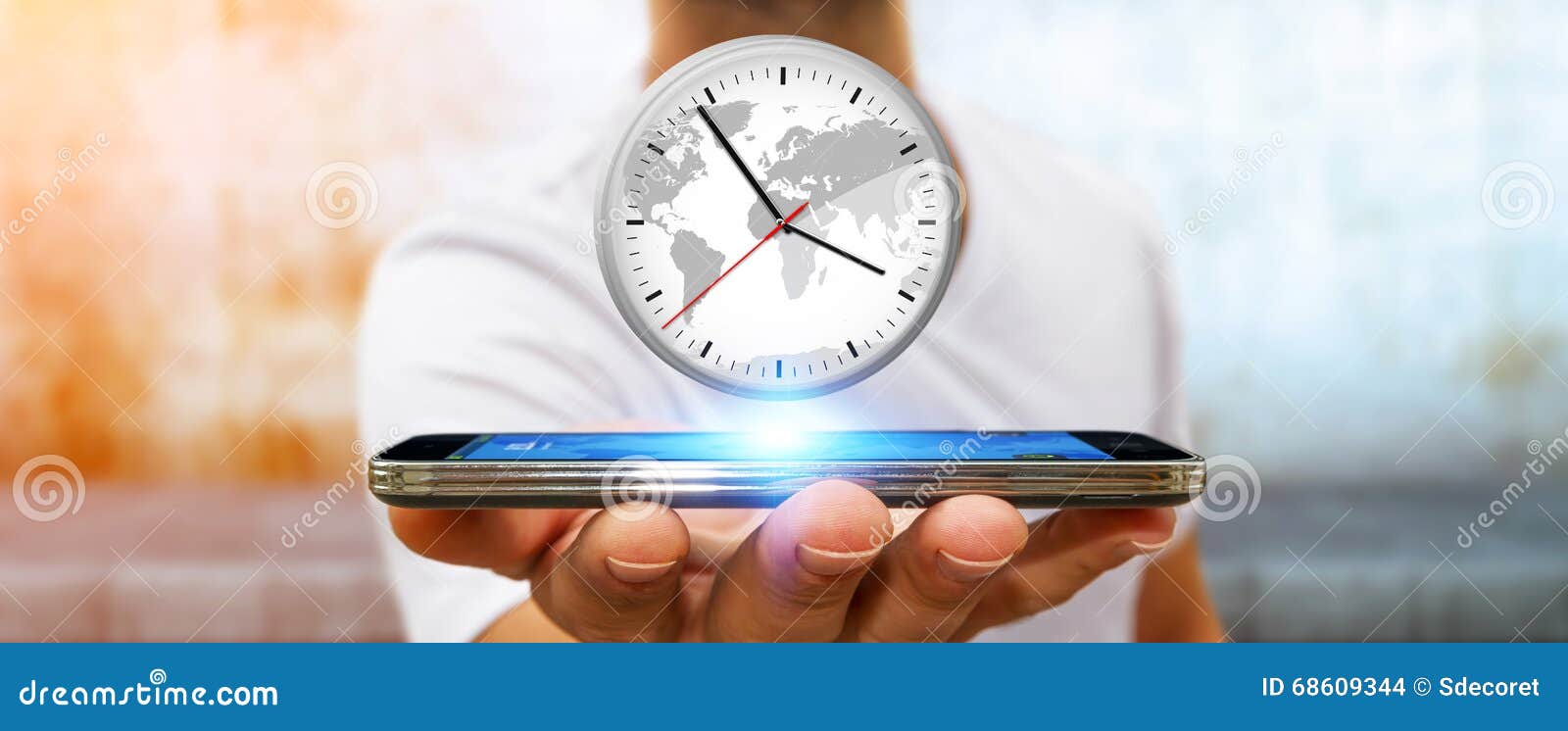 Businessman Holding a Clock Over His Mobile Phone Stock Illustration ...