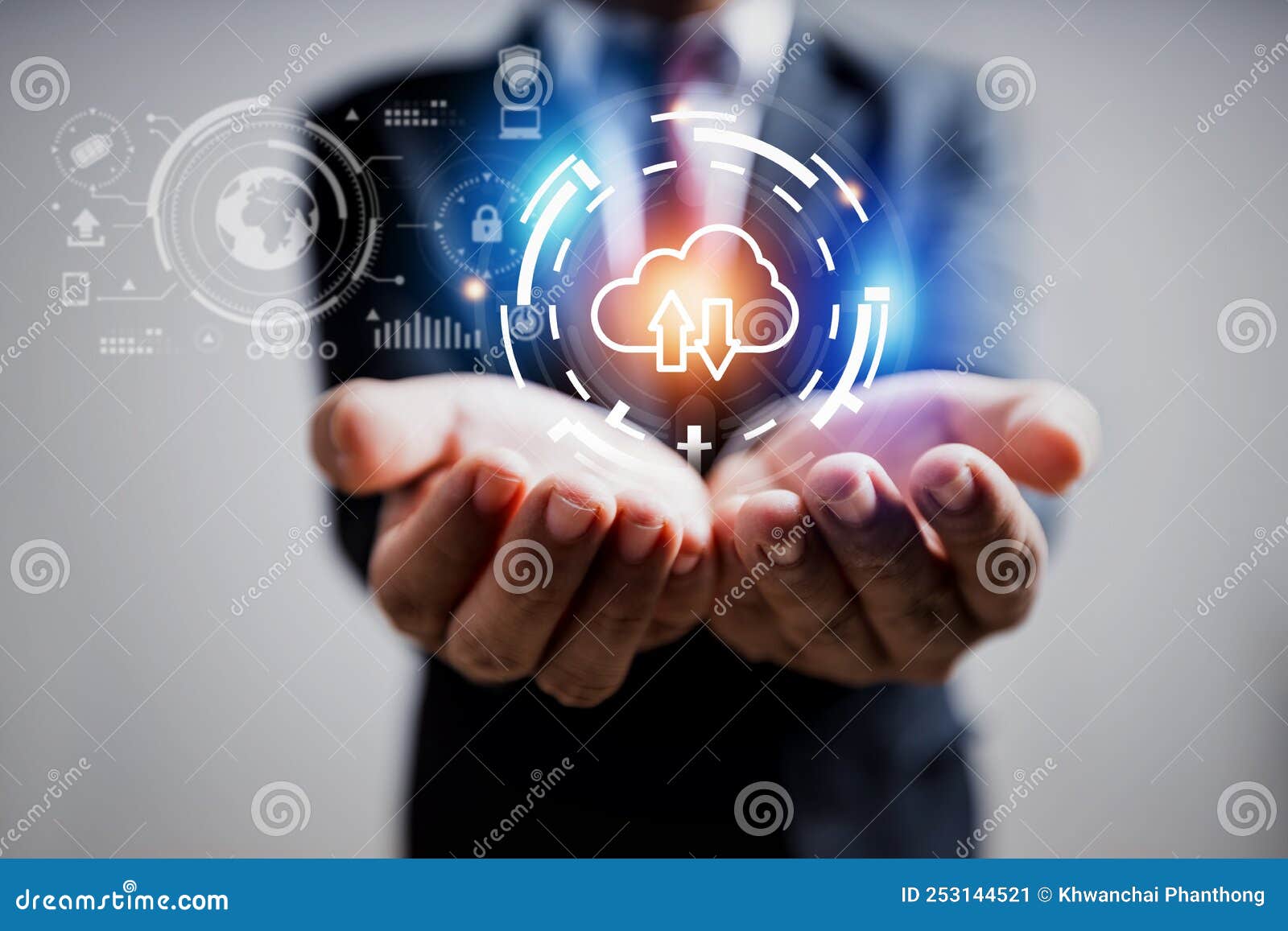 Businessman Holding Cloud Computing Diagram Show on Hand. Cloud Technology. Data Storage Stock ...