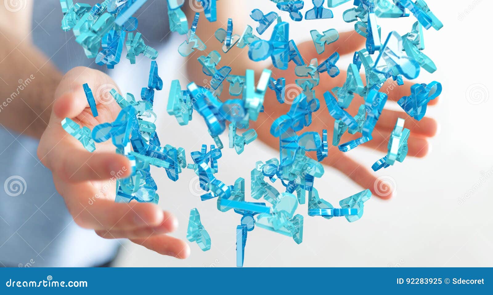 Businessman Holding 3D Rendering Group of Blue People Stock ...