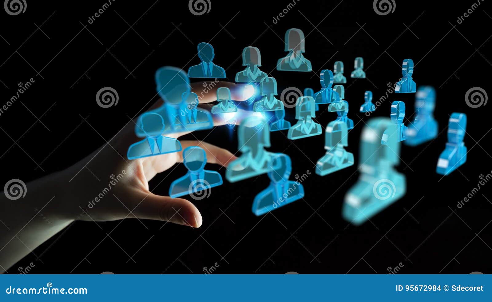 Businessman Holding 3D Rendering Group of Blue People Stock ...