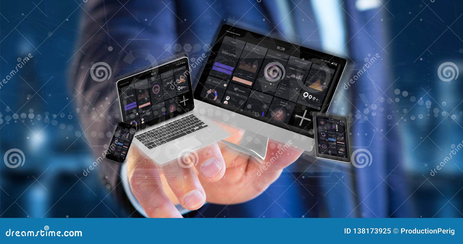 Businessman Holding Devices Connected To a Cloud Multimedia Network 3d ...