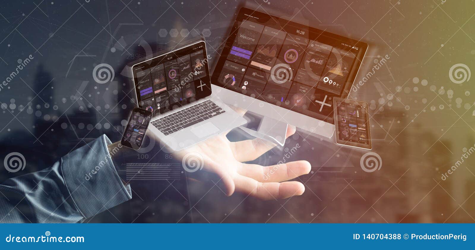 Businessman Holding Devices Connected To a Cloud Multimedia Network 3d ...