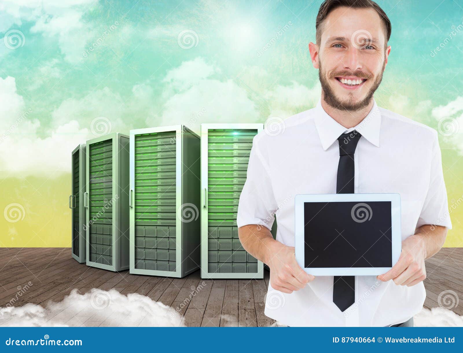 Businessman Holding Digital Tablet Against Server Systems in Sky Stock ...