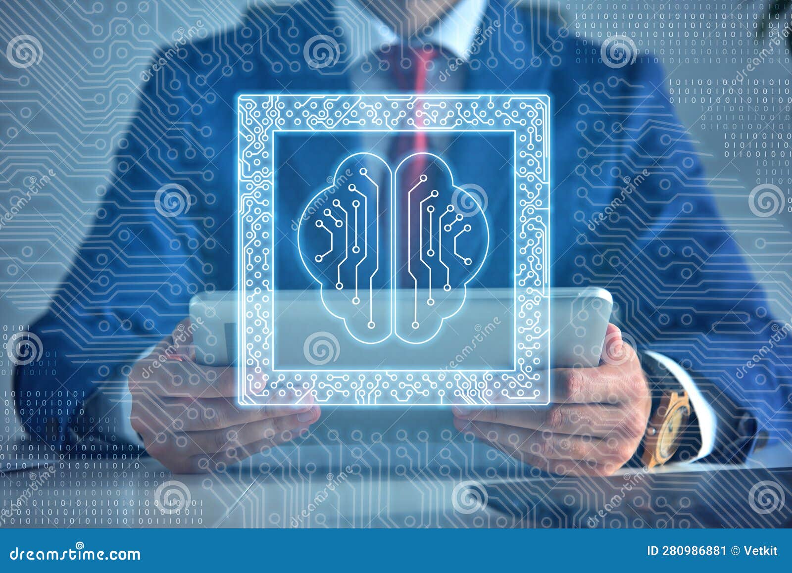 Businessman Holding Digital Tablet with Circuit Board and Human Brain ...